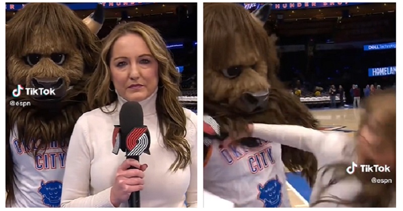 Watch This Nba Reporter Have A Funny Close Encounter With A Hairy Scary Mascot The Poke